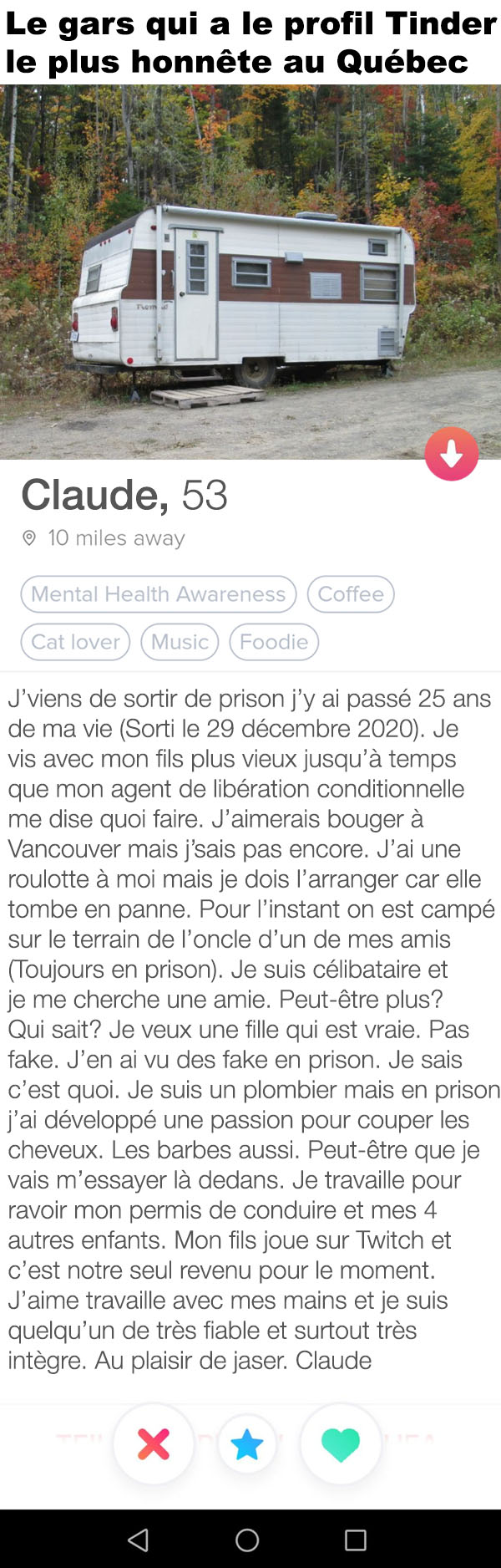 Le gars qui a le profil Tinder le plus honnête au Québec