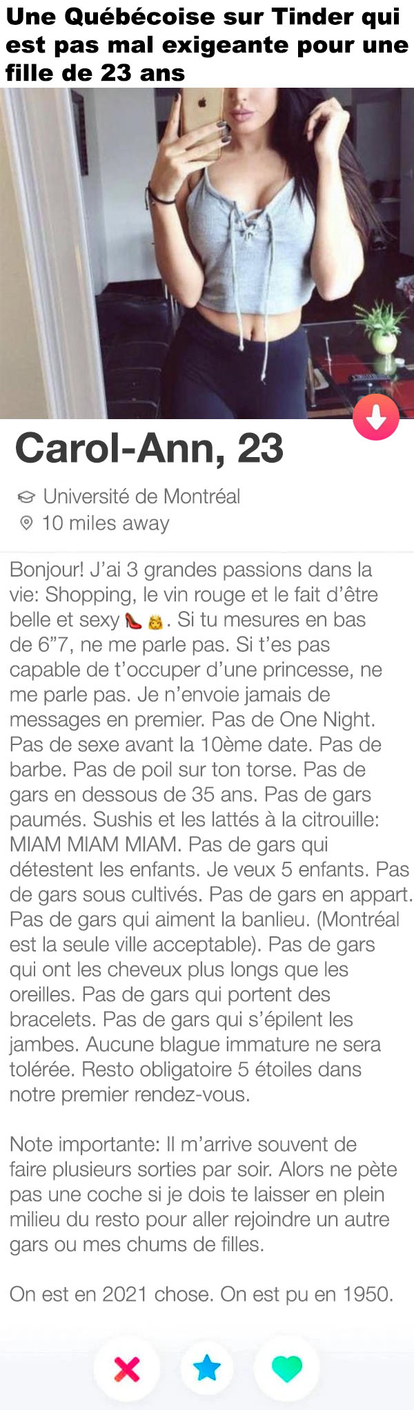 Une Québécoise sur Tinder qui est pas mal exigeante pour une fille de ...