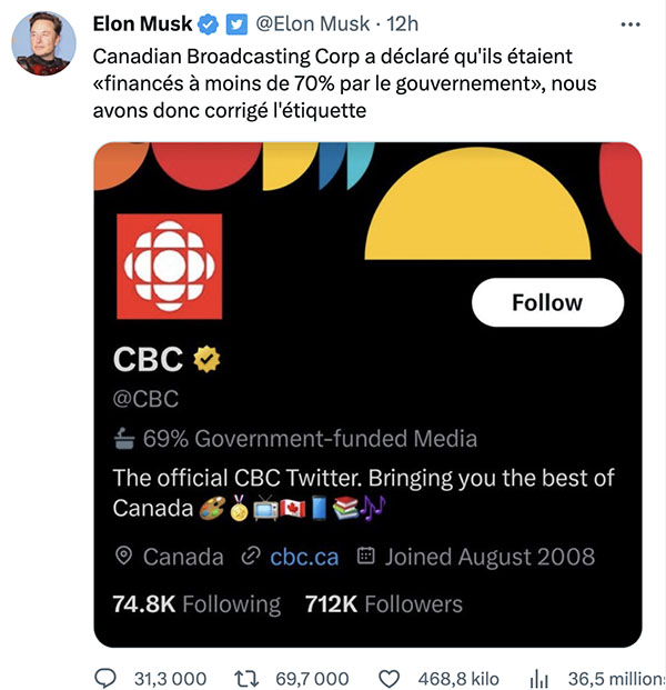 Elon Musk ridiculise et se moque publiquement de CBC et Radio-Canada