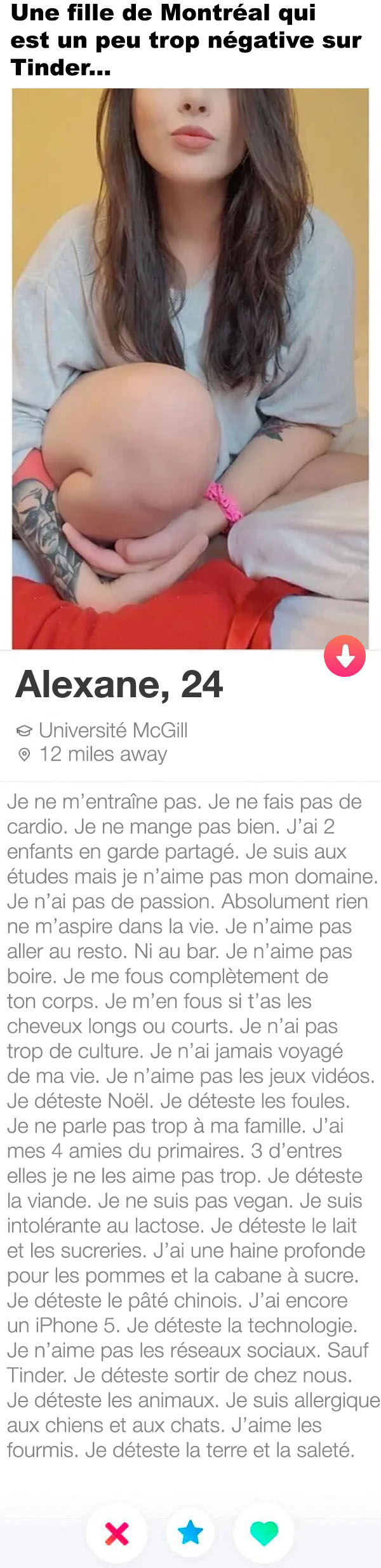 Une fille de Montréal qui est un peu trop négative sur Tinder