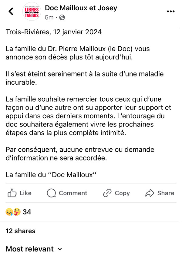 Le Doc Mailloux est malheureusement décédé