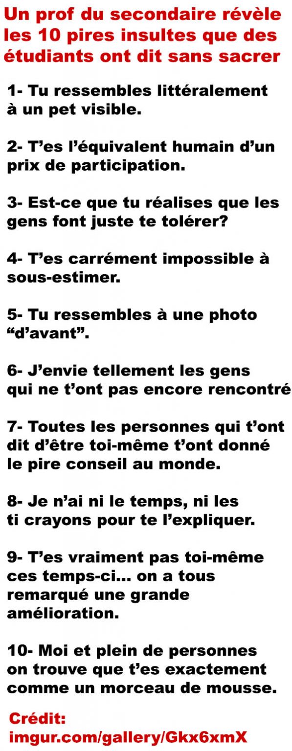Un prof du secondaire révèle les 10 pires insultes que des étudiants ... Un prof du secondaire révèle les 10 pires insultes que des étudiants ...
