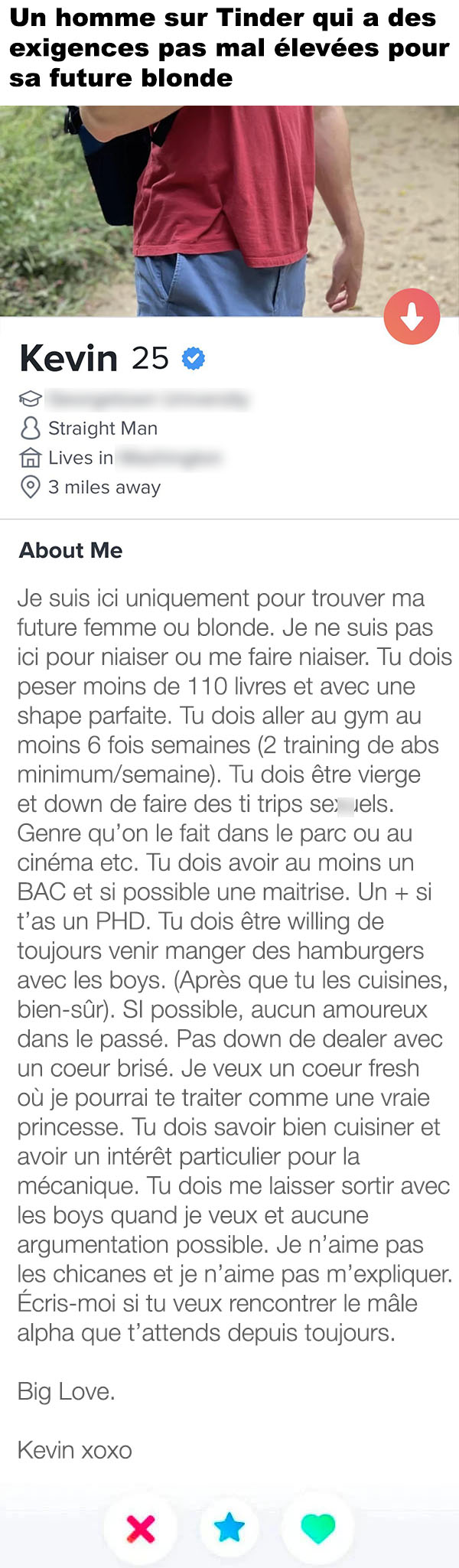 Un homme sur Tinder qui a des exigences pas mal élevées pour sa future ...
